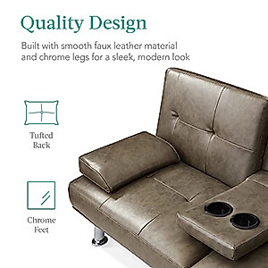 Best Choice Products Faux Leather Upholstered Modern Convertible Folding Futon Sofa Bed for Compact Living Space, Apartment, Dorm, Bonus Room w/Removable Armrests, Metal Legs, 2 Cupholders - Gray