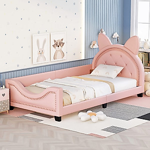 MWrouqfur Twin Size Upholstered Daybed,Wooden Daybed Frame with Carton Ears Shaped Headboard, PU Leather Platform Bed for Girls Boys, Low Profile Single No Box Spring Needed (Pink) (HYYS774)