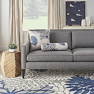 Mina Victory Aloha Floral Ivory/Navy 20" x 20" Outdoor Throw Pillow, Botanical, Patio, Couch, Bench, Easy Clean, Zipper Closure,