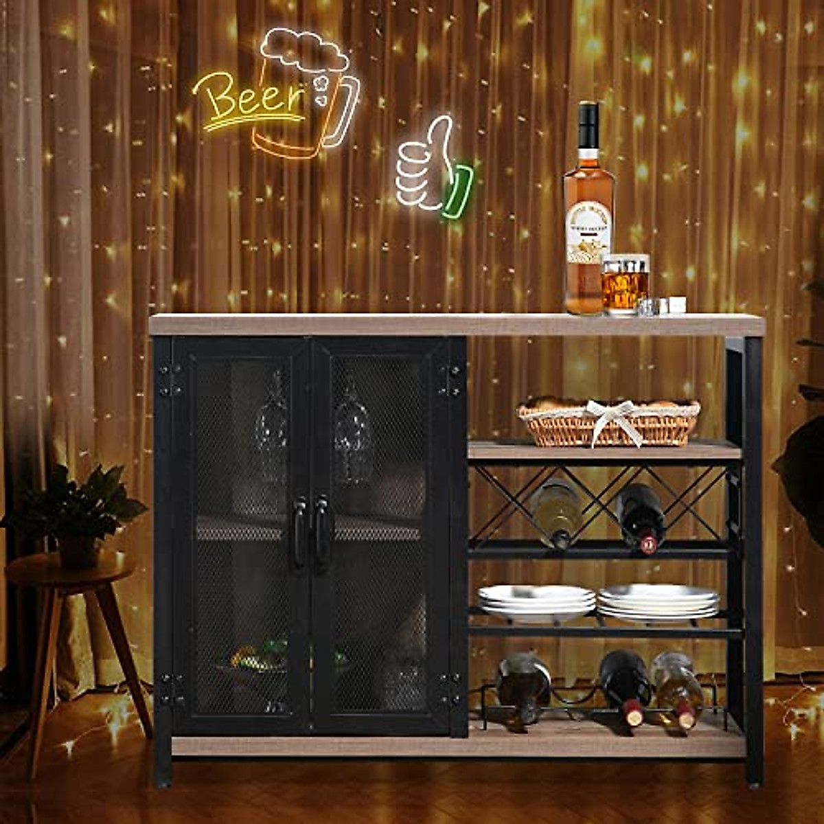 KFO Industrial Bar Cabinet for Liquor and Glasses, Farmhouse Metal Wood Coffee Bar Cabinet, Sideboard Buffet Cabinet, Wine Rack Table with Mesh Door for for Home Kitchen Dining Living Room, 40 Inch…