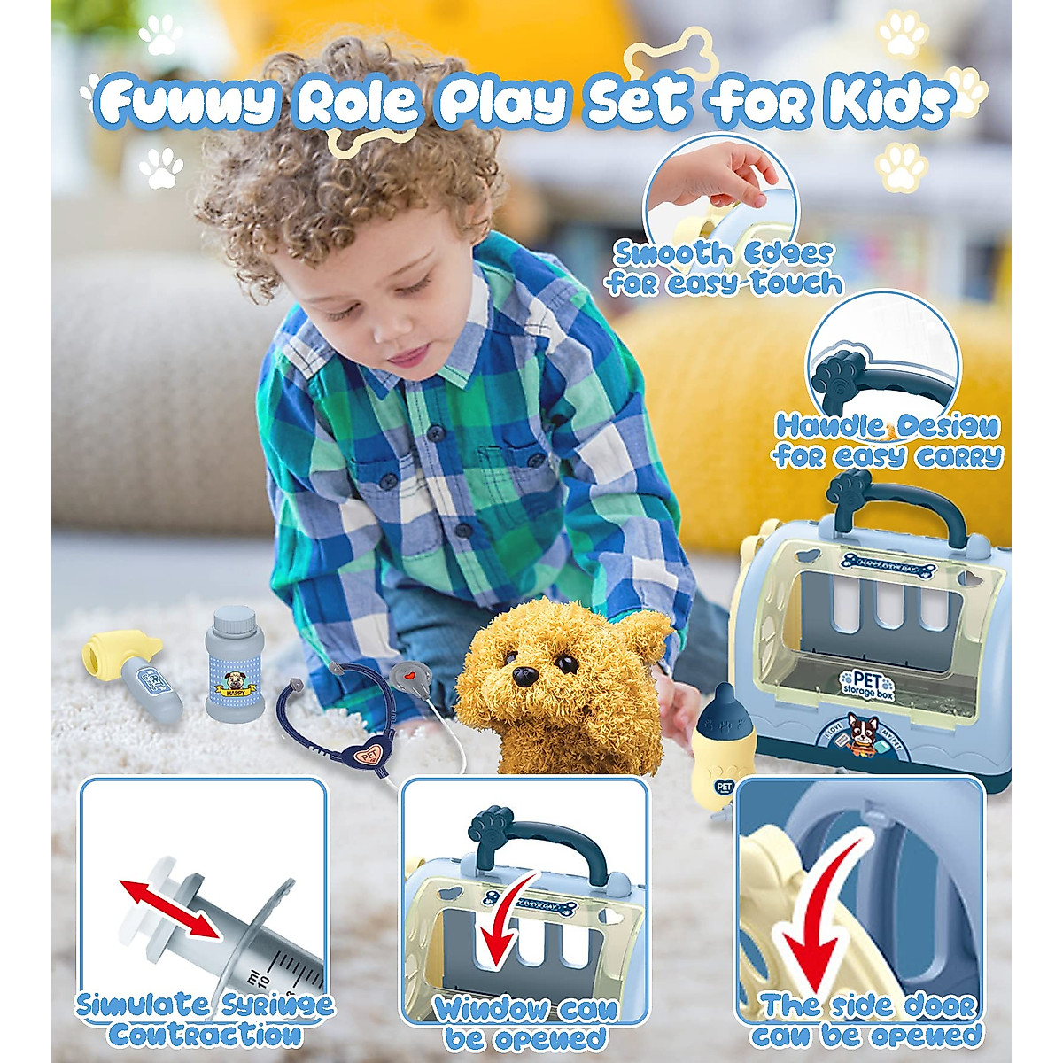 TEUVO Pet Care Playset Robot Dog Toys for Kids, 12Pcs Kids Vet Playset Toys Veterinarian Kit Doctor Kit & Interactive Electric Dog Plush & Cage Pretend Play Gifts for Girls Toddlers 3 4 5 6 7 Year Old