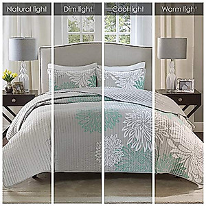 Comfort Spaces Enya Quilt Set - Casual Floral Print Channel Stitching Design, All Season, Lightweight Coverlet, Cozy Bedding, Matching Shams, Decorative Pillows, Full/Queen(90"x90"), Aqua 3 Piece