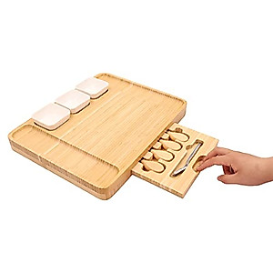 Cheese Board and Knife Set | Wine Board | Organic Bamboo Wood Charcuterie Platter Serving Board Cheese Tray with Cutlery | Perfect for Birthday, Housewarming & Wedding Gifts