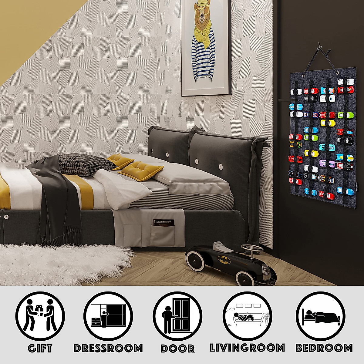 HUHYNN Display Case Compatible with 60 Hot Wheels, Hanging Organizer for Hot Wheels Matchbox Cars, Wall-Mount Display Case for Hot Wheels Fits for 60 for Hot Wheels Storage (Black-60 Slots)