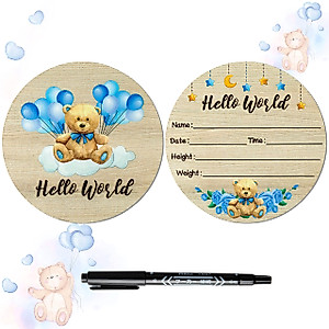 R HORSE Wooden Baby Birth Announcement Sign with Marker Pen Blue Bear Pattern Newborn Announcement Card Personalized Wooden Baby Birth Sign for Baby Shower Birthday Gift Keepsakes