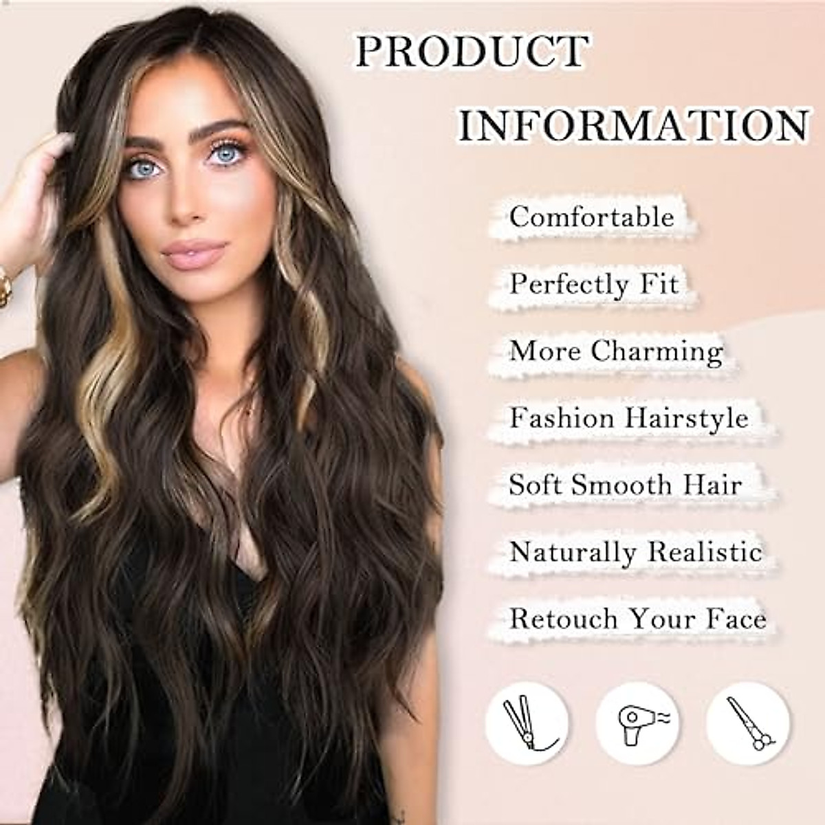 N NAYASA Long Wavy Middle Part Wig for Women Synthetic Curly Wigs Natural Wavy Heat Resistant Wig for Daily Party Use (Brown Mixed Blonde,24inch)