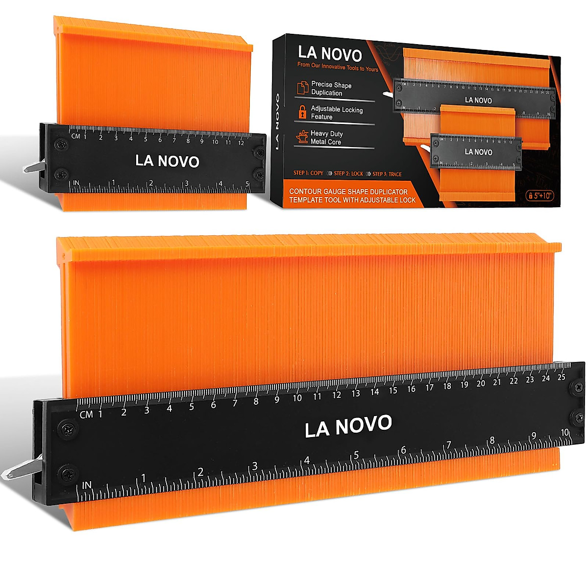 LA NOVO Contour Gauge 10+5 Inch with Lock, Profile Gauge Shape Outline Tool for Woodworking, Flooring, Christmas Stocking Stuffers for Men Dad Carpenter Handyman