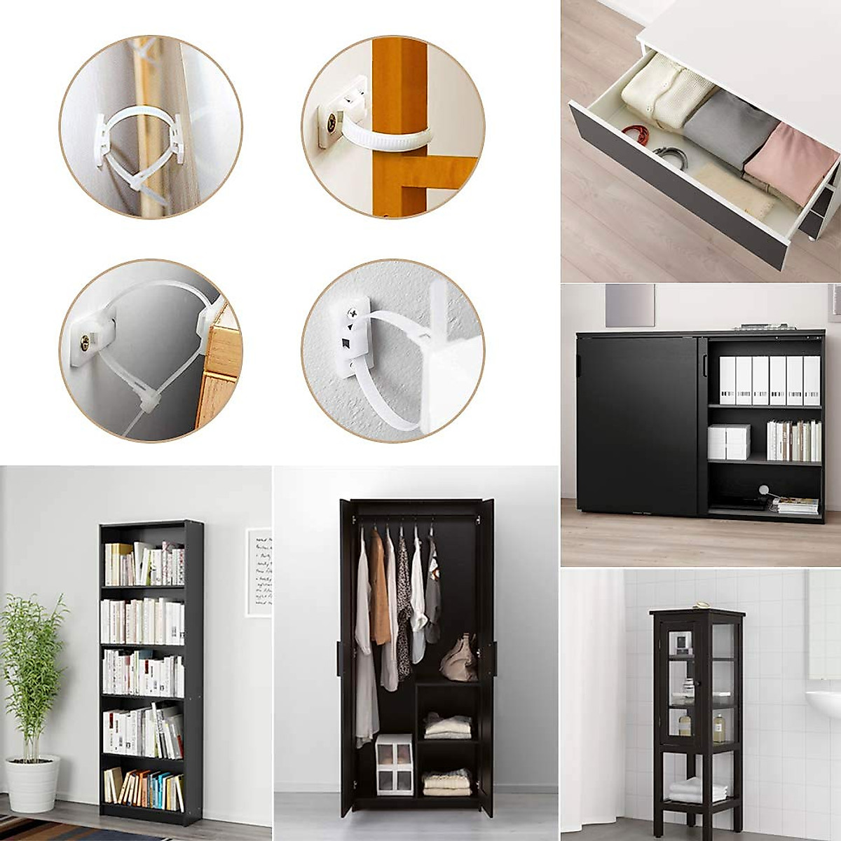 12 Pcs Furniture Straps, Baby Proofing Anti Tip Furniture Anchors Kit, Adjustable Child Toddlers Secure Wall Straps, for Dresser or Bookshelf for Cabinet TV Stand Wardrobe Drawers Tables Desk