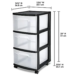Sterilite 28309002 3 Drawer Cart, Black Frame with Clear Drawers and Black Casters, 2-Pack