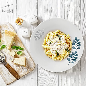 Bormioli Rocco Set Of 6, White Moon Botanica Blue 9 Inch Pasta Bowls Tempered Opal Glass Dishes, Dishwasher & Microwave Safe, Made In Spain.