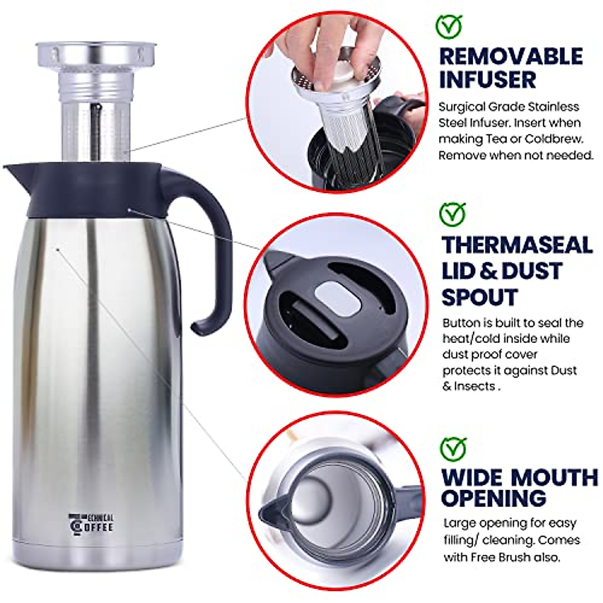 Coffee carafe & Tea carafe in one. 68oz 12hr heat retention ideal for coffee carafes for keeping hot, 24hr cold retention. Thermal Stainless Steel double walled insulated carafe. Infuser & Brush Incld