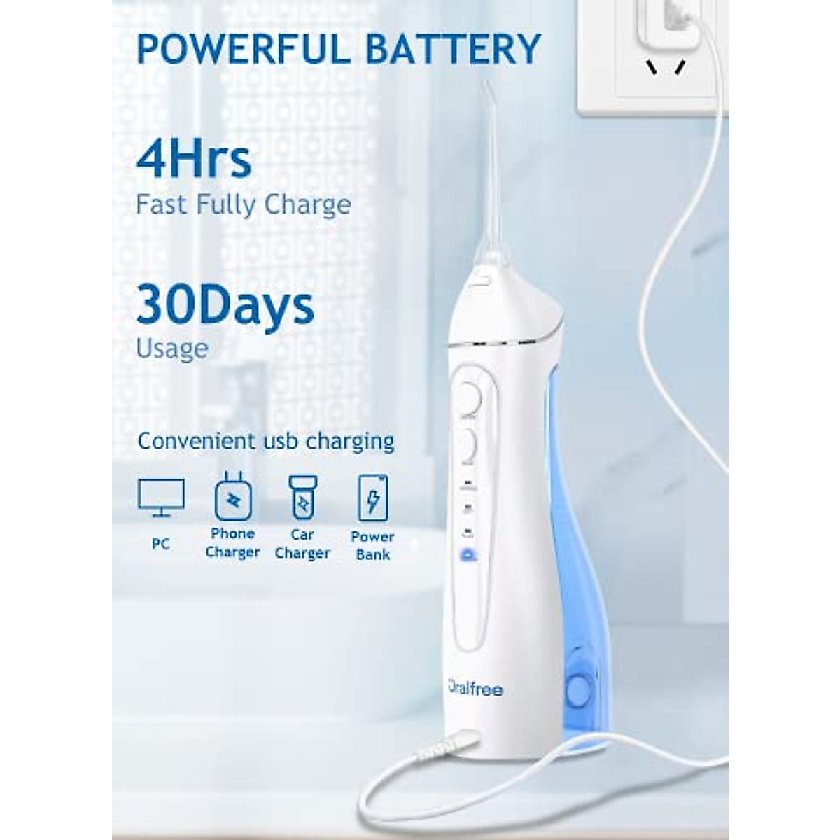Water Dental Flosser Cordless for Teeth Cleaning - 4 Modes Oral Irrigator Braces Flossers Cleaner, Rechargeable Portable IPX7 Waterproof Powerful Battery for Travel Home