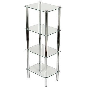 Home Basics Small Glass (Clear/Silver), Shelving Storage Unit with Chrome Metal Bars 4 Tier Corner Shelf