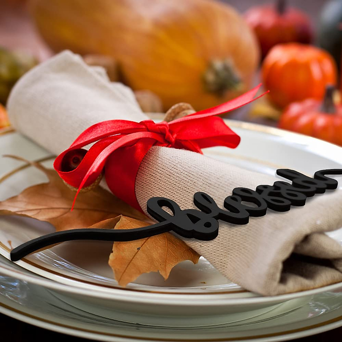 Thanksgiving Cutout Wood Table Place Card Thankful Grateful Blessed Gather Wood Word Table Decorations Fall Themed Thanksgiving Party Table Home Supplies (Black, 8)