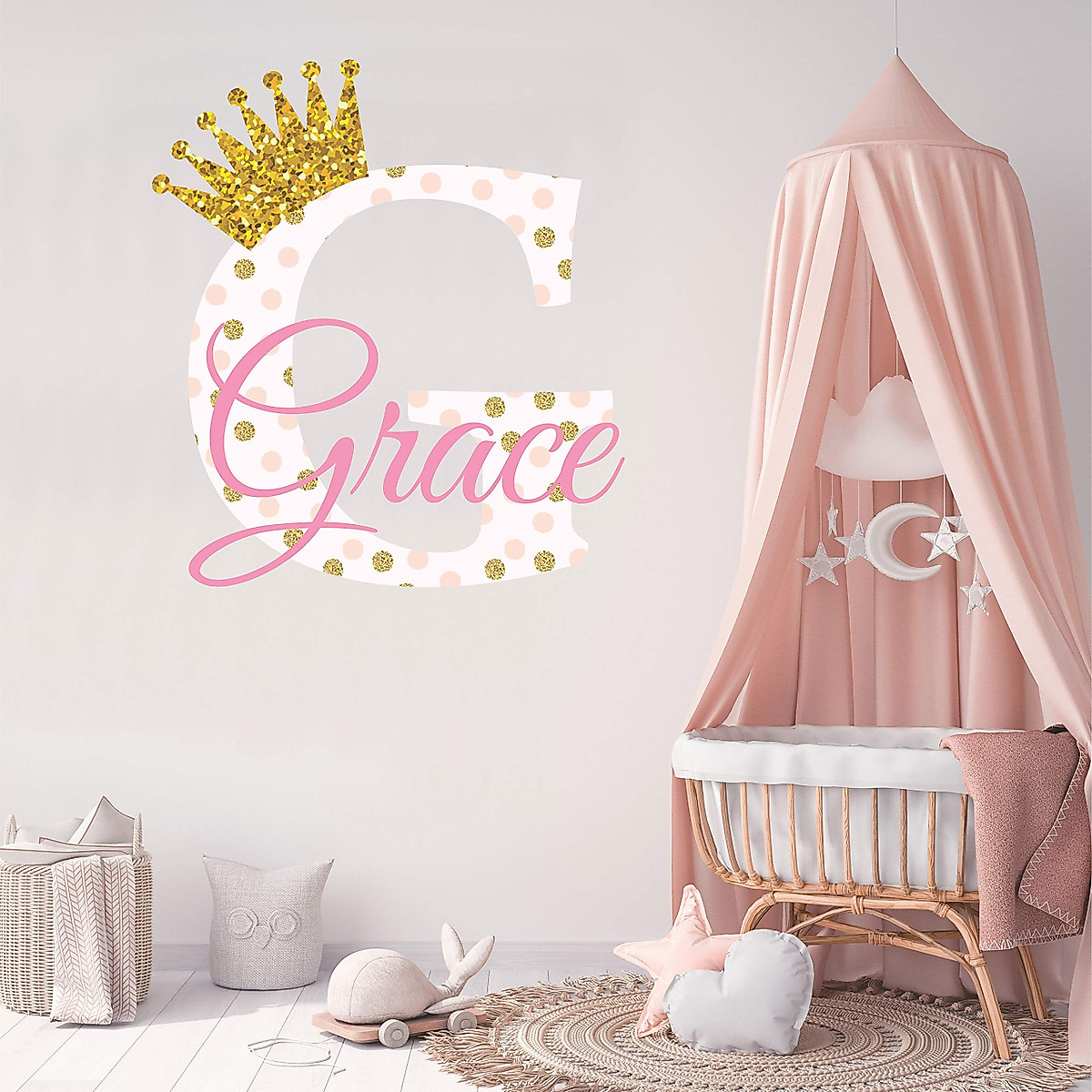 Girls Nursery Personalized Polka Dot Initial and Glitter Crown Custom Name Vinyl Wall Decal, Decor Wall Stickers (Medium)