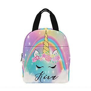 Deargifts Rainbow Glitter Lunch Bag for Girls, Customized Personalized Lunch Bag, Insulated Thermal Bag, Reusable, Durable, Large Capacity, 8.46"L x 5.12"W x 9.65"H