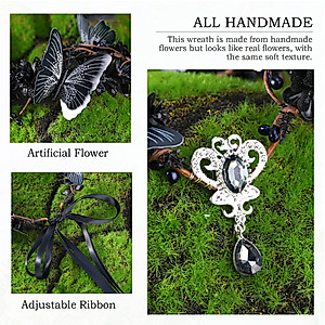 MOSTORY Handmade Dark Fairy Crown Black Butterfly Headpiece Woodland Elf Circlet Gothic Floral Tiara Headband for Women Girls Cosplay Wedding Birthday Renaissance Halloween