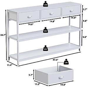 White Long 47" Console Sofa Table with 3 Drawers, Entryway Table with 3-Tier Storage Shelves, Display Shelf for Entry Way, Hallway, Couch, Living Room, Kitchen, Foyer