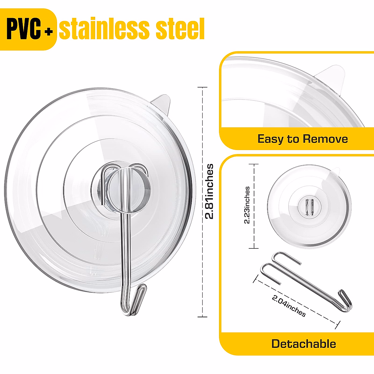 HangerSpace Suction Cup Hooks, Upgrade 2.5 Inches Clear PVC Suction Cups with Metal Hooks 7 LB Heavy Duty Removable Large Suction Cups for Kitchen Bathroom Shower Wall Window Glass Door - 8 Pack