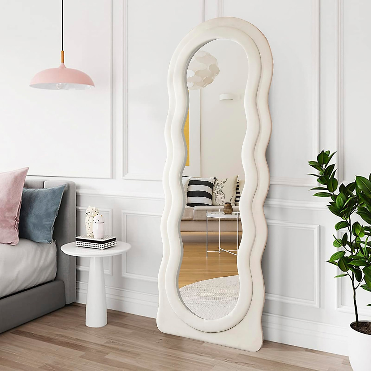 GOODONE Wavy Mirror Full Length 63"x24", Irregular Full Body Mirror, Wave Arched Floor Mirror, Wall Mirror Standing Hanging or Leaning Against Wall for Bedroom, Flannel Wrapped Wooden Frame,Beige