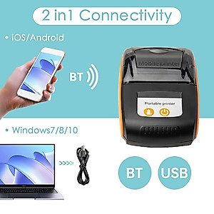 Portable Receipt Printer 58mm Mini Thermal Printing Wireless BT USB Mobile Printer with 2 Inch Thermal Paper Roll Compatible with Android/iOS/Windows System for Small Business Restaurant Retail Store
