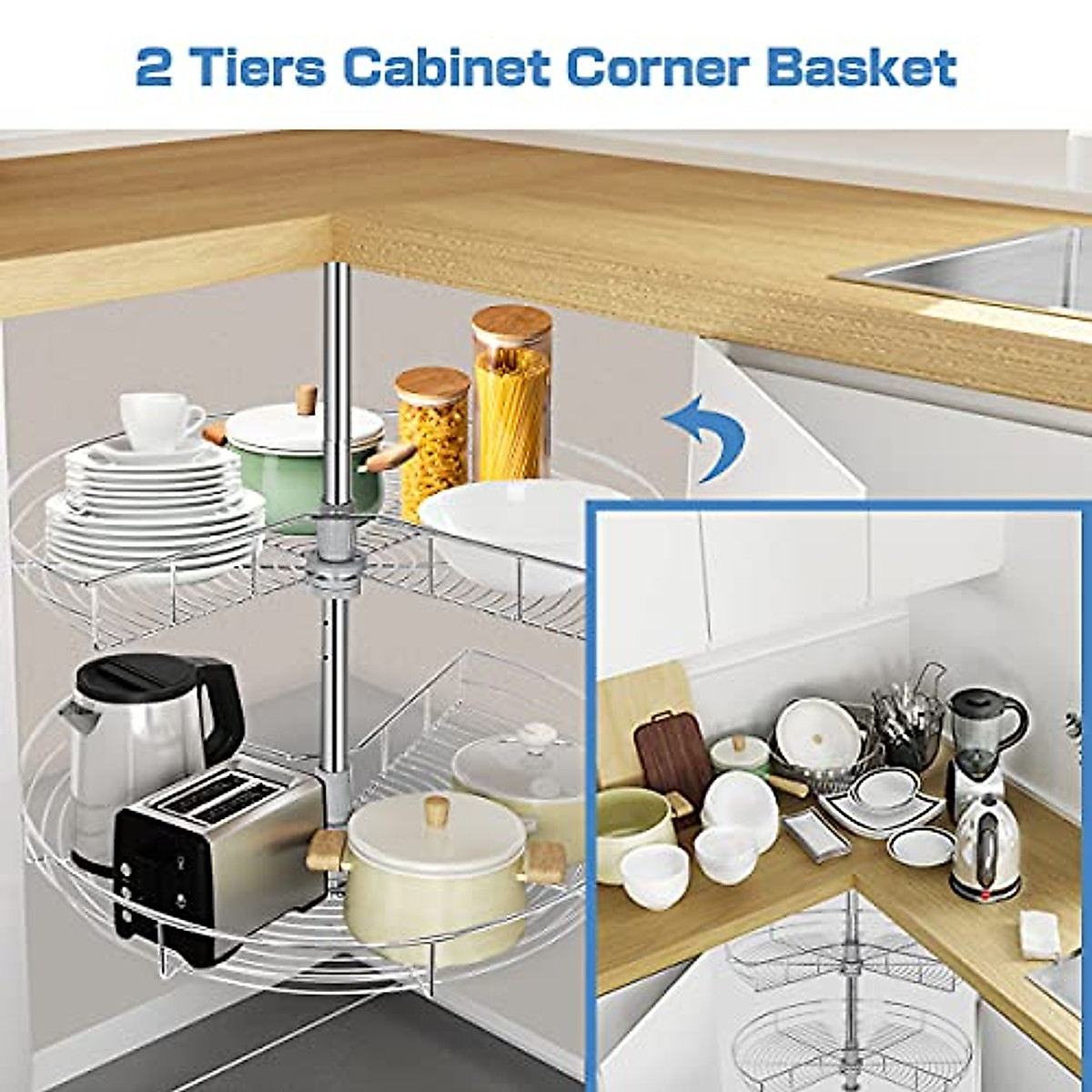 Xverycan 28" Kidney Shaped Lazy Susan Corner Organizer, Stainless Steel Lazy Susan Kitchen Base Cabinet Blind Corner Organizer, 2 Tier Rotating Storage Shelf Rack