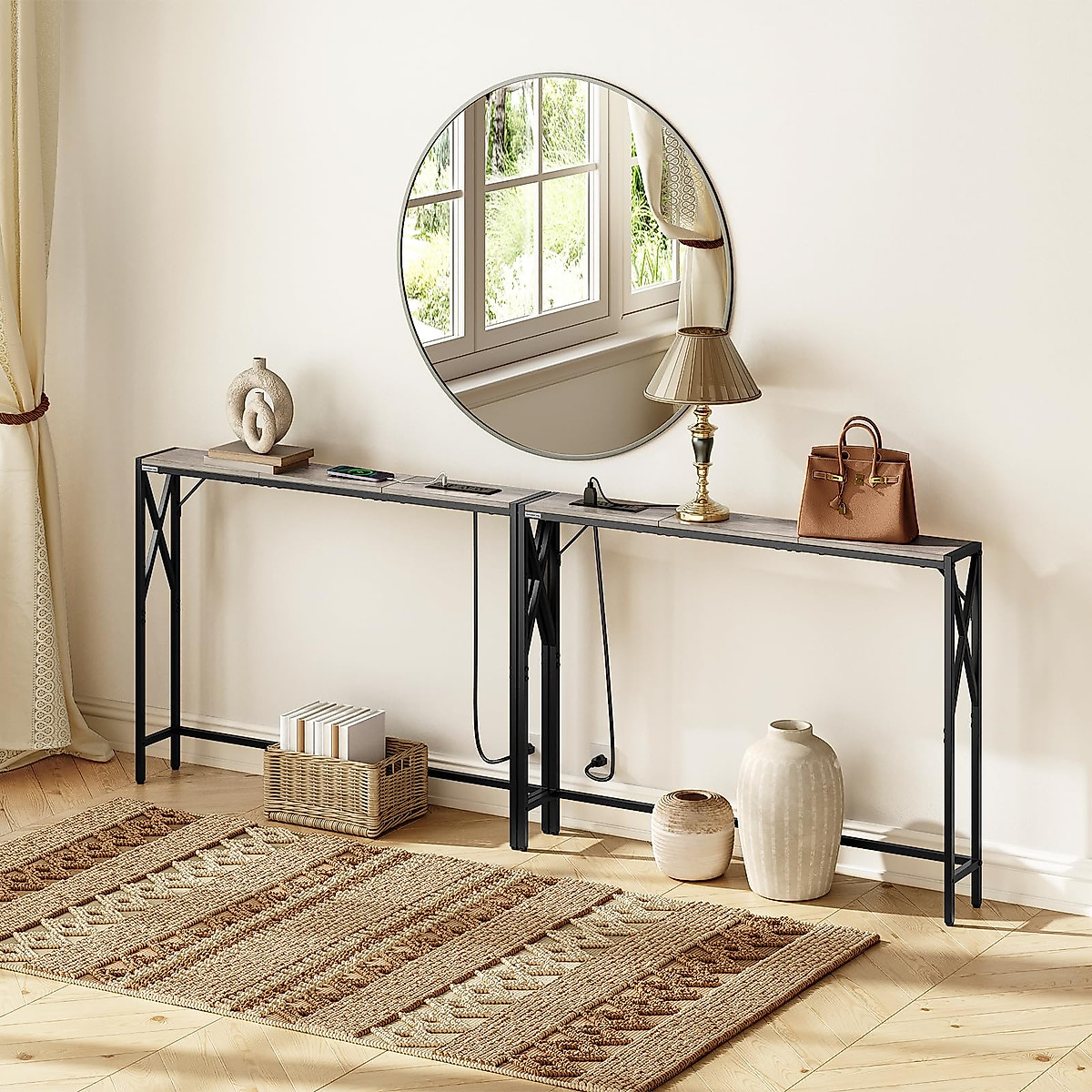 MAHANCRIS 2 Pack Sofa Table with Charging Station, 39.4” Console Table, Narrow Entryway Table, Slim Hallway Table, Retro Couch Table, for Entrance, Foyer, Living Room, Hallway, Greige CTHG151E01S2