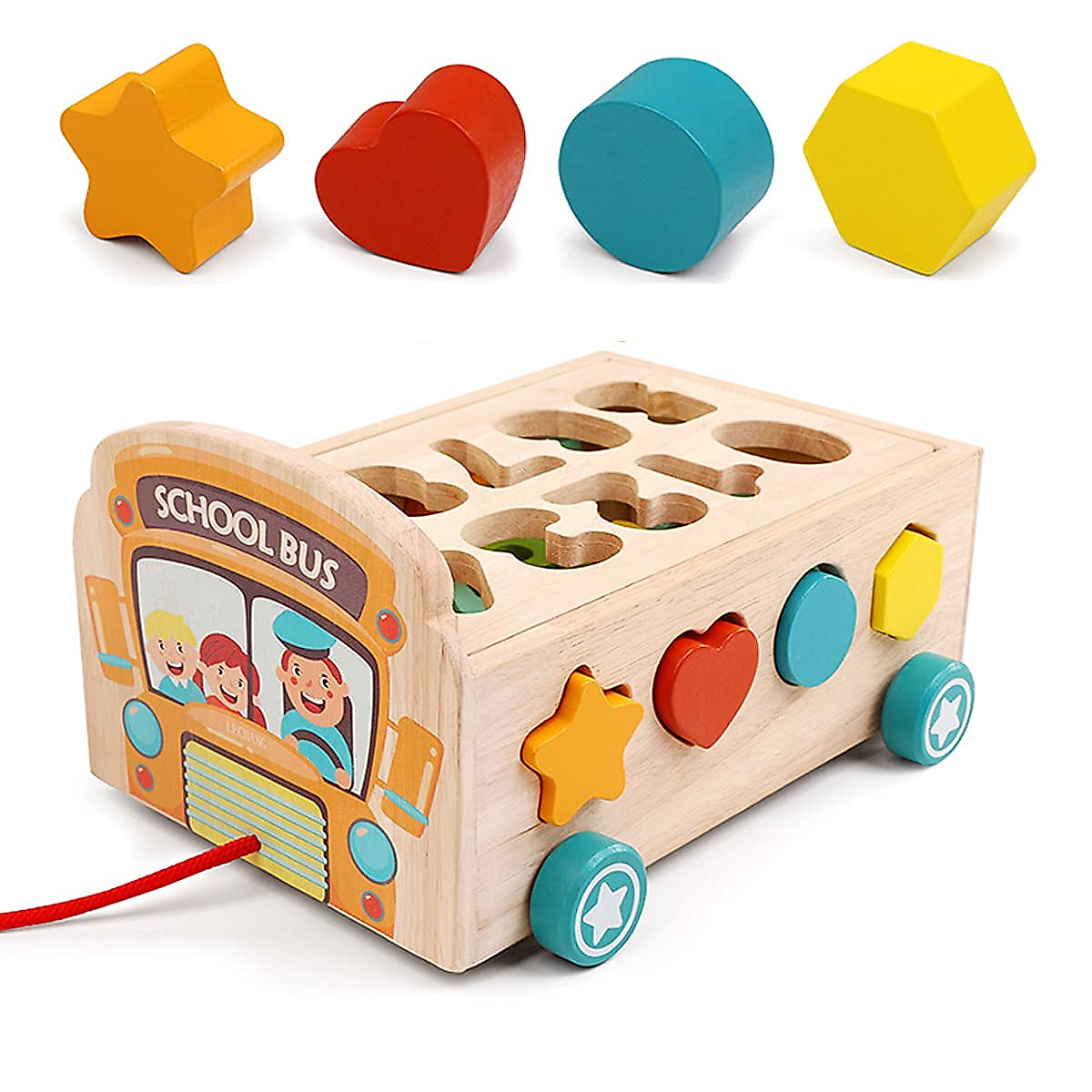 Classic Wooden Toddler Toy Age 2-4 Pulling Bus 123 Number Learning Shape Puzzle Sorting Match Game Montessori Sensory Material for Kids