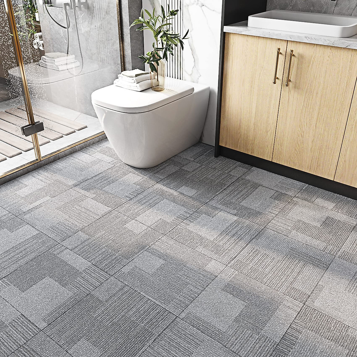 FunStick 15 Pack Vinyl Flooring Peel and Stick Floor Tile Bathroom Waterproof 12x12In Grey Stick on Flooring Tiles for Kitchen Bedroom Grey Laminate Flooring Removable Sticky Linoleum Carpet Tiles