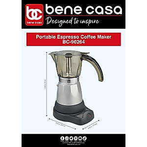 Bene Casa Espresso Coffe Maker, 6 Cup,Electric Maker Portable Cafetera Electrica| Trasparent Carefa, De 6 Tasas, Para Cafe' Espresso,Baso Trasparente.