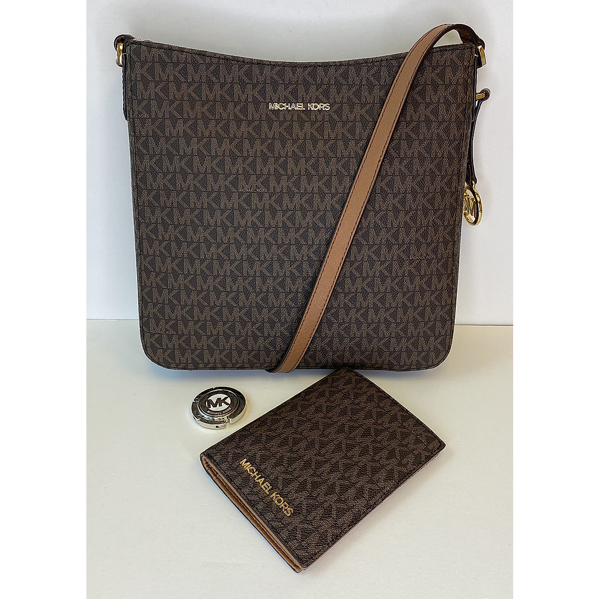 Michael Kors MICHAEL Michael Kors Jet Set Travel Large Messenger Crossbody bundle with Passport Case Purse Hook (Signature MK Brown)