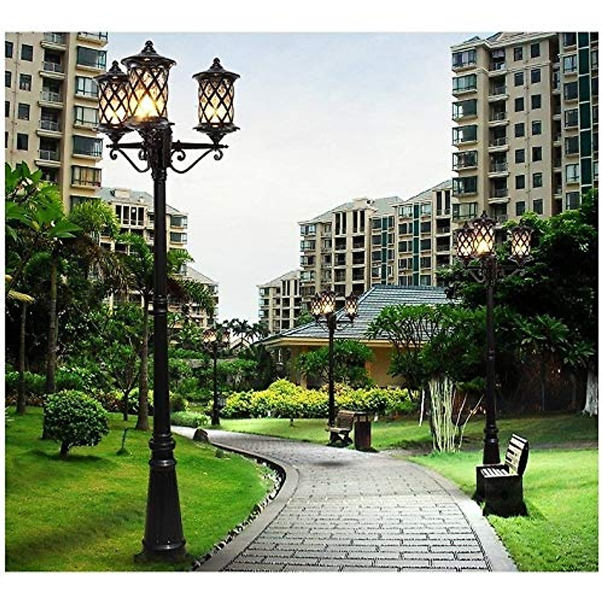 ZZYJYALG 3-Heads Garage Landscape Street Light Outdoor Waterproof Courtyard Garden Pillar Lamp European Villa Home Retro Glass Post Lantern Aluminum High Pole Light (Color : Black, Size : H-1.85m)