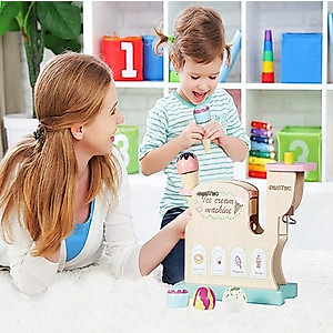 Smartwo Wooden Ice Cream Maker Toy Set for Toddler, Pretend Play Kitchen Food Accessories, Counter Playset for Kids, Christmas Birthday Gift for 3 4 5 6 Years Old Child