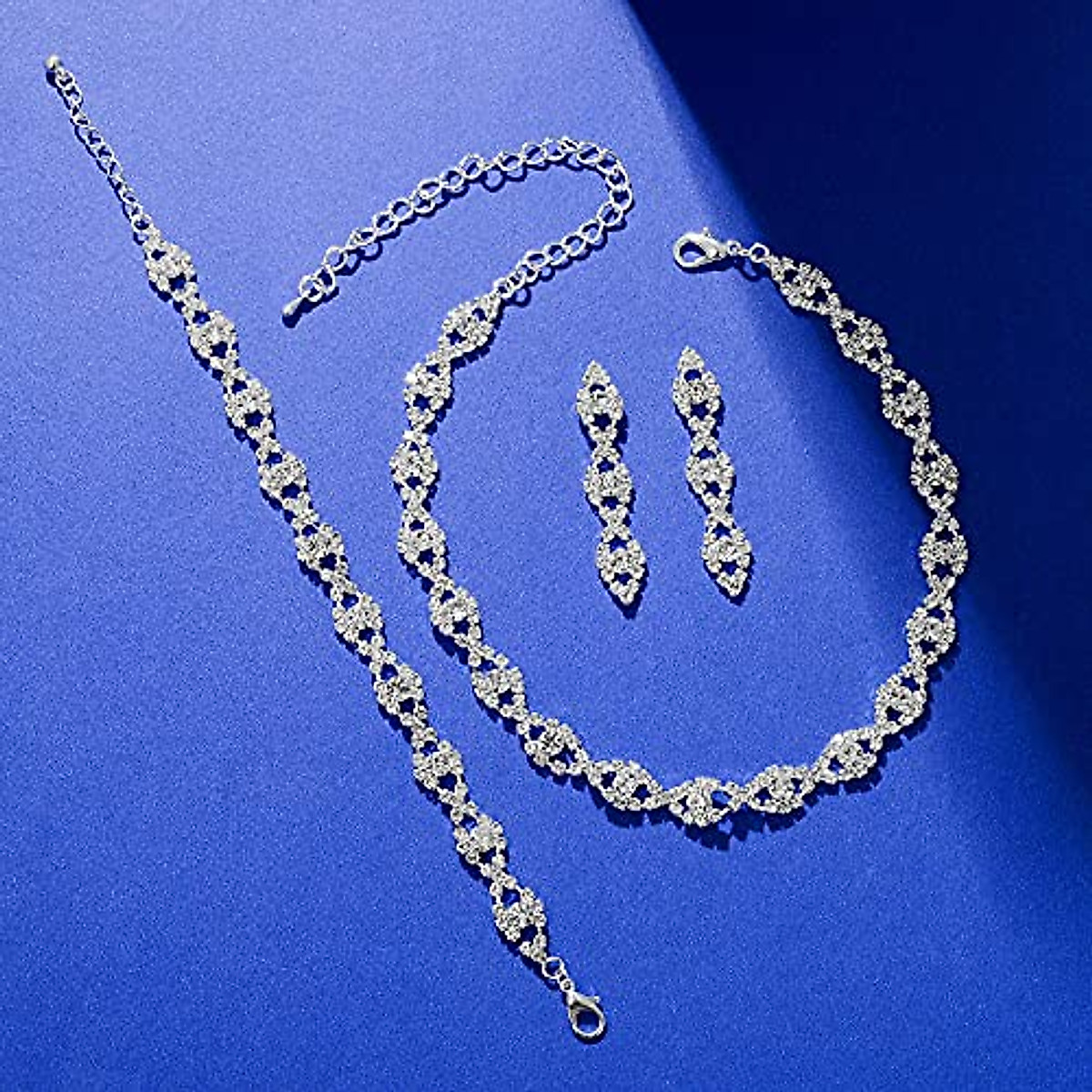 Miraculous Garden 3 Pack Silver Plating Rhinestone Crystal Choker Necklace Link Bracelet Dangle Earrings Jewelry Sets for Women Girls