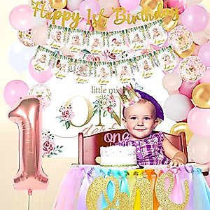 PYCALOW First Birthday Decorations Girl - 1st Birthday Girl Decorations Include Balloon Garland Arch, Box, Backdrop, Hat, Banner, High Chair Banner, Poster, Topper, Baby Girl 1st Birthday Decorations