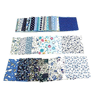 Shulemin 50Pcs 4" x 4" Cotton Craft Fabric Vintage Cotton Fabric Bundle Printed Floral Patchwork Plain Cloth Floral Precut Fabrics for DIY Sewing Quilting Scrapbooking Blue