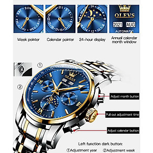 OLEVS Automatic Men Watch Self Winding Mechanical Luxury Dress Moon Phase Stainless Steel Blue Face Waterproof Luminous Calendar Wrist Watch