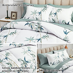 6 Pieces Bed in a Bag Twin Comforter Set with Sheets, Green Leaves on White Botanical Design Bedding Sets for Kids (1 Comforter, 2 Pillow Shams, 1 Flat Sheet, 1 Fitted Sheet, 1 Pillowcases)