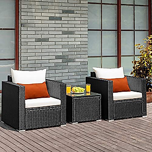 Tangkula 3 Pieces Patio Furniture Set, PE Rattan Wicker Sofa Set w/Washable Cushion and Tempered Glass Tabletop, Outdoor Conversation Furniture for Garden Poolside