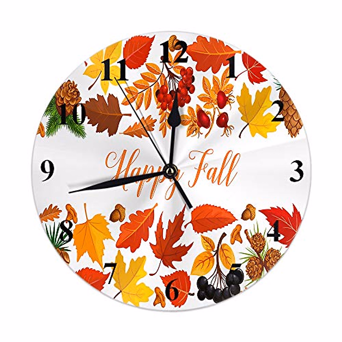 Moslion Wall Clock Happy Fall Autumn Leaf Berry Maple Pine Cone Acorn Gold Season Design Harvest Round Wall Clock Home Decor Wall Clock for Thanksgiving Day Halloween Xmas