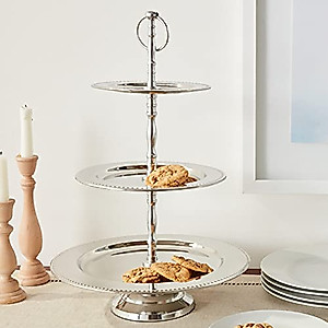 Elegance 3-Tier Beaded Buffet Serving Stand, Silver, Large