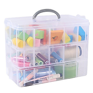 Taysisiter Plastic Stackable Storage Container Box with 30 Adjustable Compartments, 3 Tiers Clear Stackable Craft Organizers with Dividers and Handle for Arts and Crafts, Toy, Fuse Beads, Washi Tapes