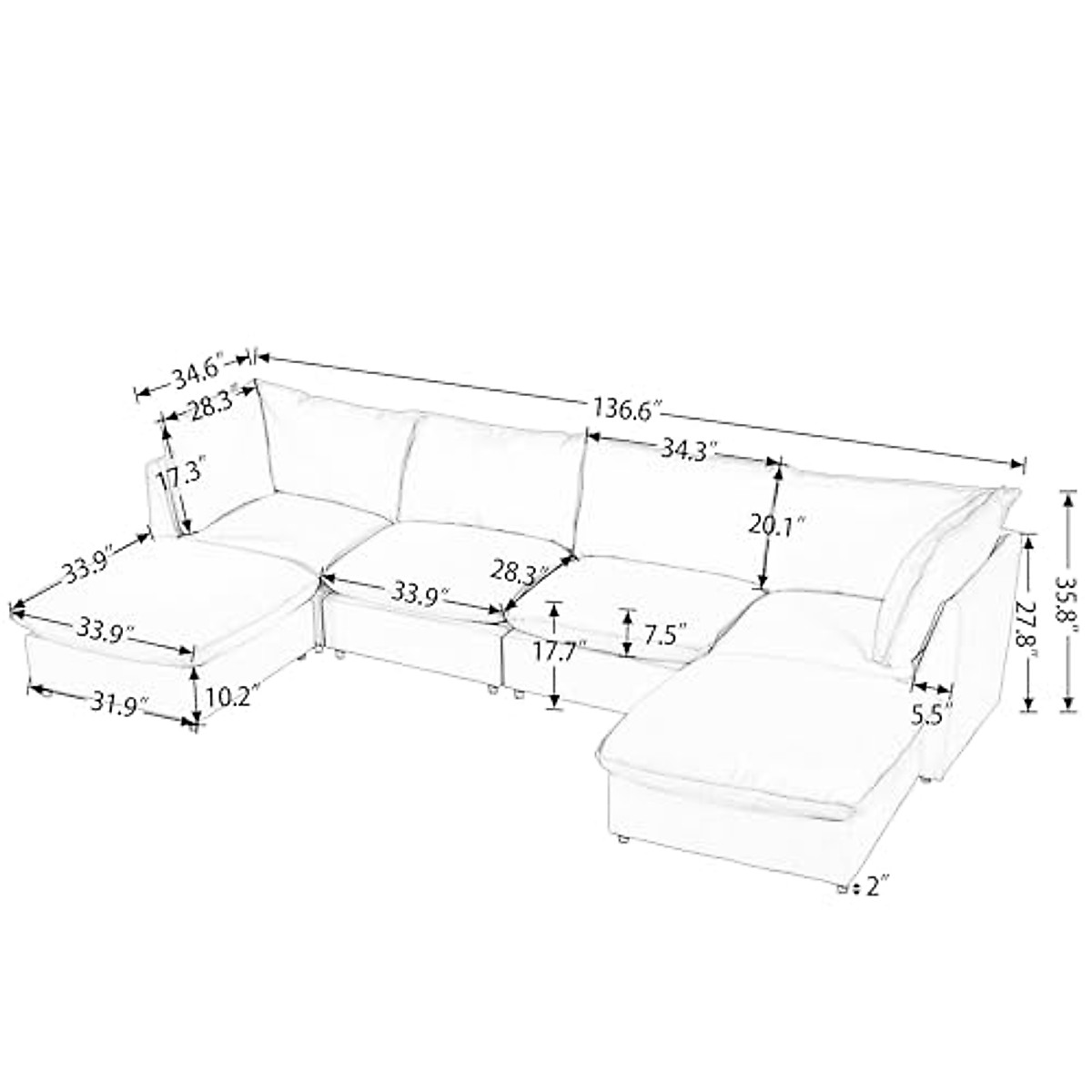136.6" Oversized U-Shaped Cushions Modular Sectional Sofa W/Extra Wide Chaises and Removable Ottomans,6 Seaters Corner Upholstered Sofa & Couch Deep Seat Convertible Sleeper Couch Bed for Living Room