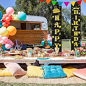 LioNergy Happy Birthday Banner Black and Gold Hanging Birthday Porch Sign for Outdoor Indoor Happy Birthday Party Decration Supplies