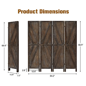 Kinfant 4 Panels Room Divider - 6 Ft Folding Privacy Screen Freestanding Room Divider, Outdoor Portable Privacy Divider for Office, Home, Brown