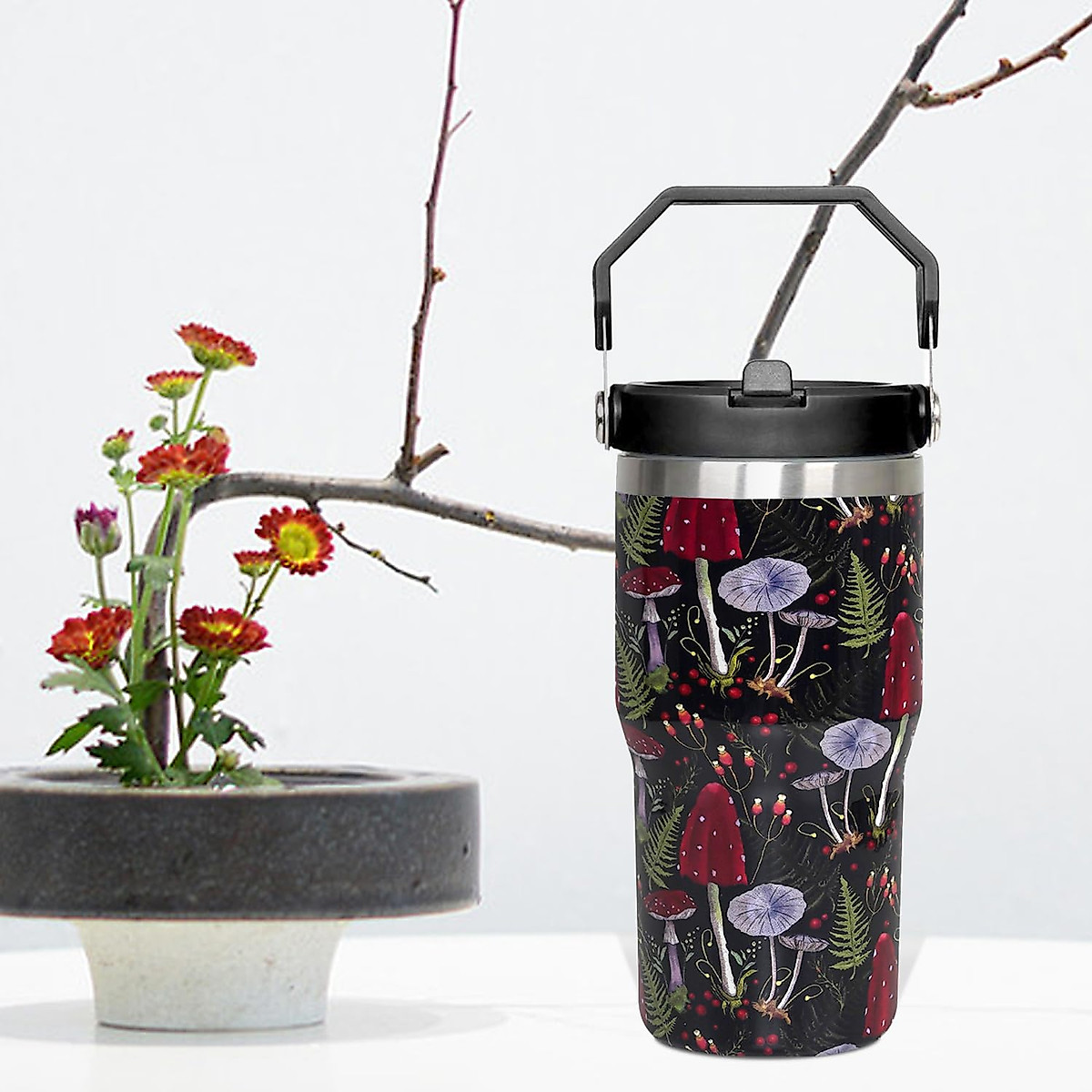 Hachishun Mushroom Tumbler With Flip Straw and Top Handle - 20 oz Insulated Stainless Steel Travel Mug - Wine Cups and Gifts