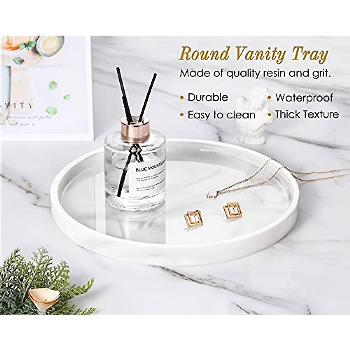 Luxspire Round Tray, Resin Bathroom Vanity Tray 11 inch Kitchen Sink Storage Tray, Tray Countertop Organizer for Coffee Perfume Soap Tray Towel Dresser Jewelry Cosmetic Dish, Marble White