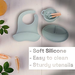 S & M Baby/Toddler Feeding Set - 5 piece silicone set - includes bib, suction bowl, plate, fork & Spoon- Great start to lead weaning (Baby blue)