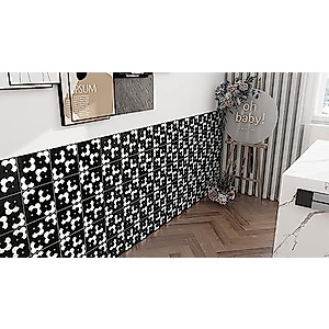 COLAMO Luxury Swatch Glossy Black Thicker Peel and Stick Kitchen Backsplash,Waterproof Self Adhesive Wall Tile,Faux Ceramic Tile,Stick on Accent Wall for Bathroom,Vanity,RV(White Floral Design,8”×8”)