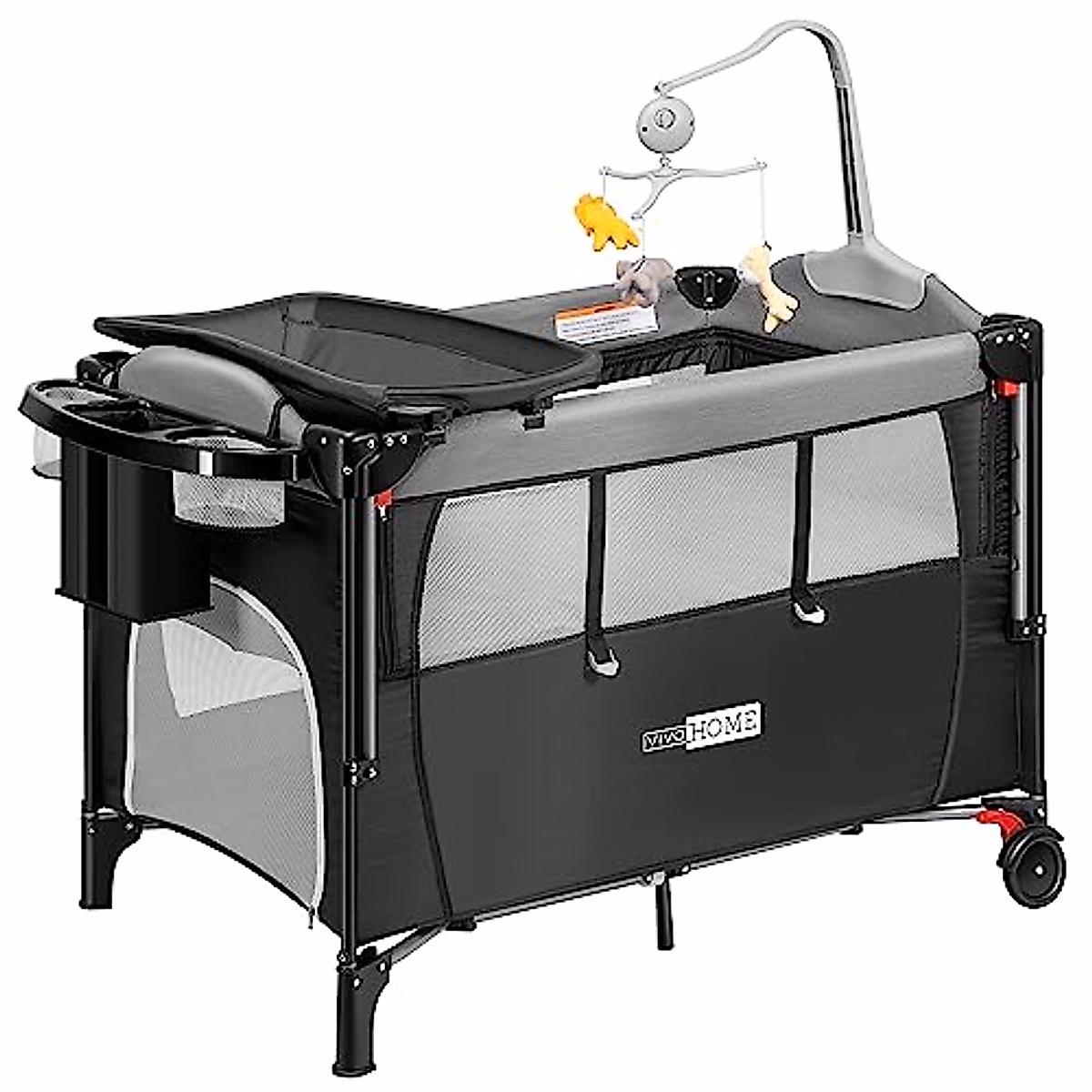 VIVOHOME 5 in 1 Baby Bassinet Bedside Sleeper Pack and Play with Mosquito Net, Diaper Changer, Safety Strap, Stand Up Ring, Mattress, Music Box Portable Travel Crib for Newborn to Toddlers, Black